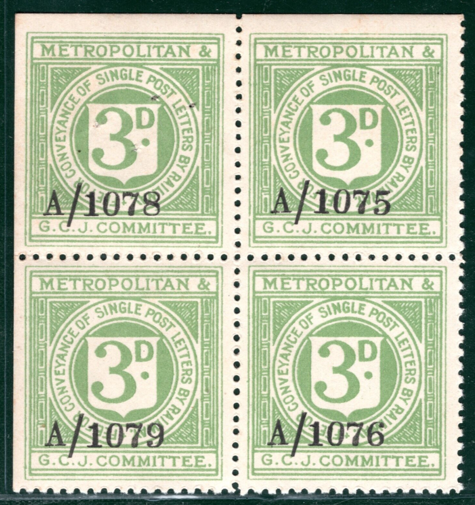 GB M&GCJR RAILWAY Letter Stamp 3d METROPOLITAN GREAT CENTRAL Mint BLOCK ...