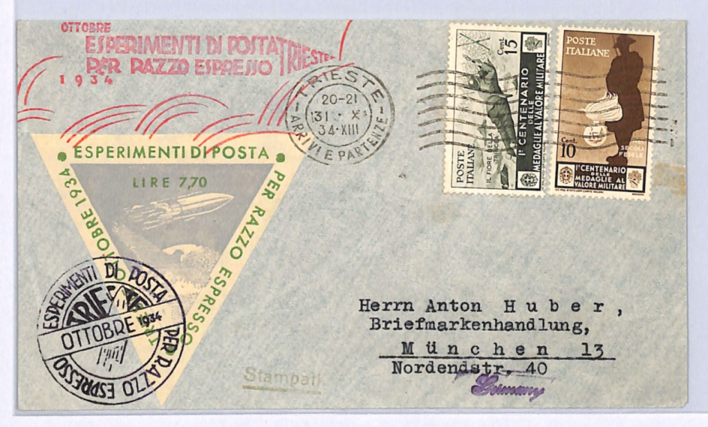 ITALY ROCKET MAIL Card 1934 RAZZO ESPRESSO Trieste Germany Munich WQ18 ...