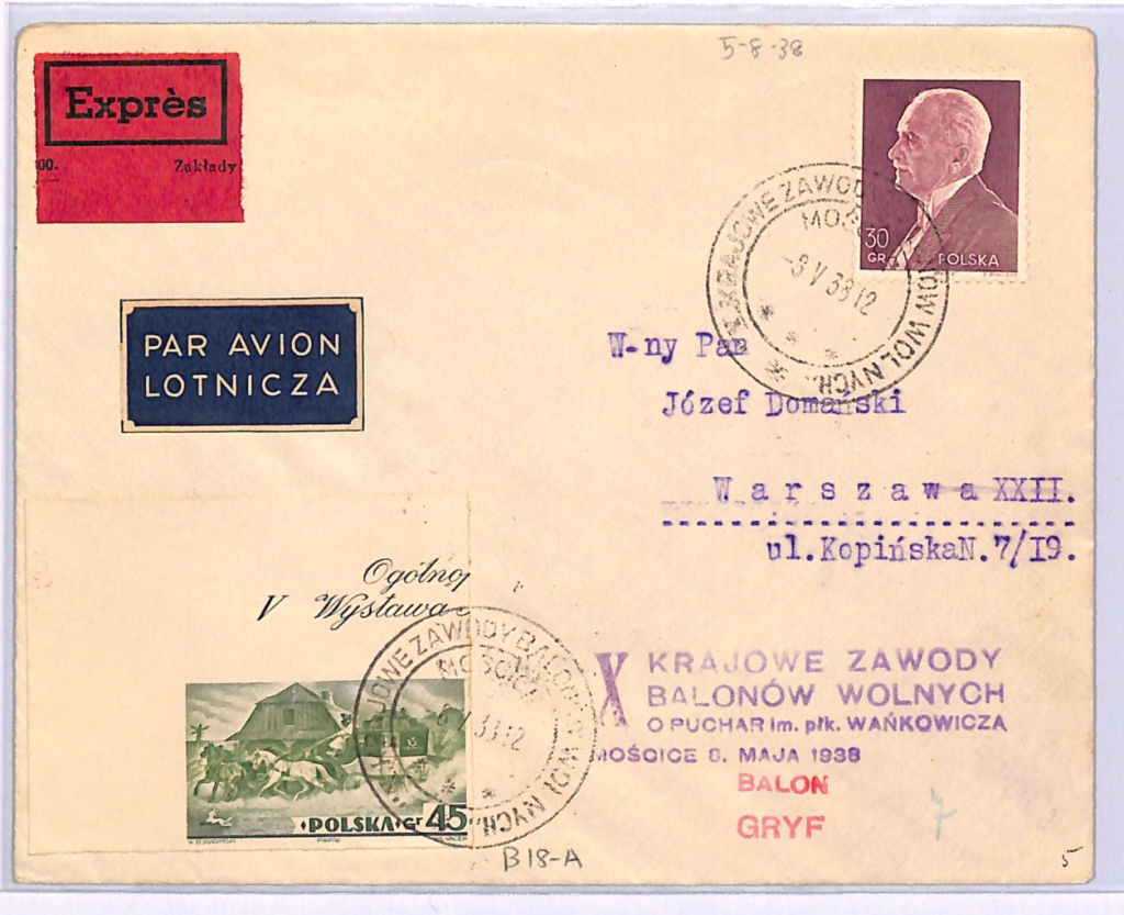 POLAND BALLOON MAIL Competition Cover GRYF Tyczyn 45gr Imperf 1938 ...