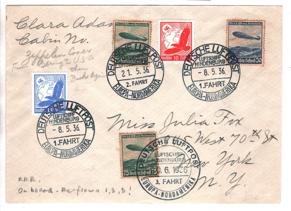 ZEPPELIN HINDENBURG An Bord USA Cover 1936 *RE-FLOWN ON 3 FLIGHTS ...